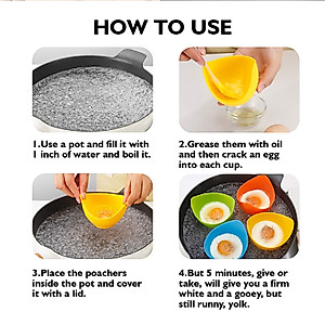 Egg Poacher - KRGMNHR Poached Egg Cooker with Ring Standers, Silicone Egg Poacher Cup for Microwave or Stovetop Egg Poaching, with Extra Oil Brush, BPA Free, 4 Pack