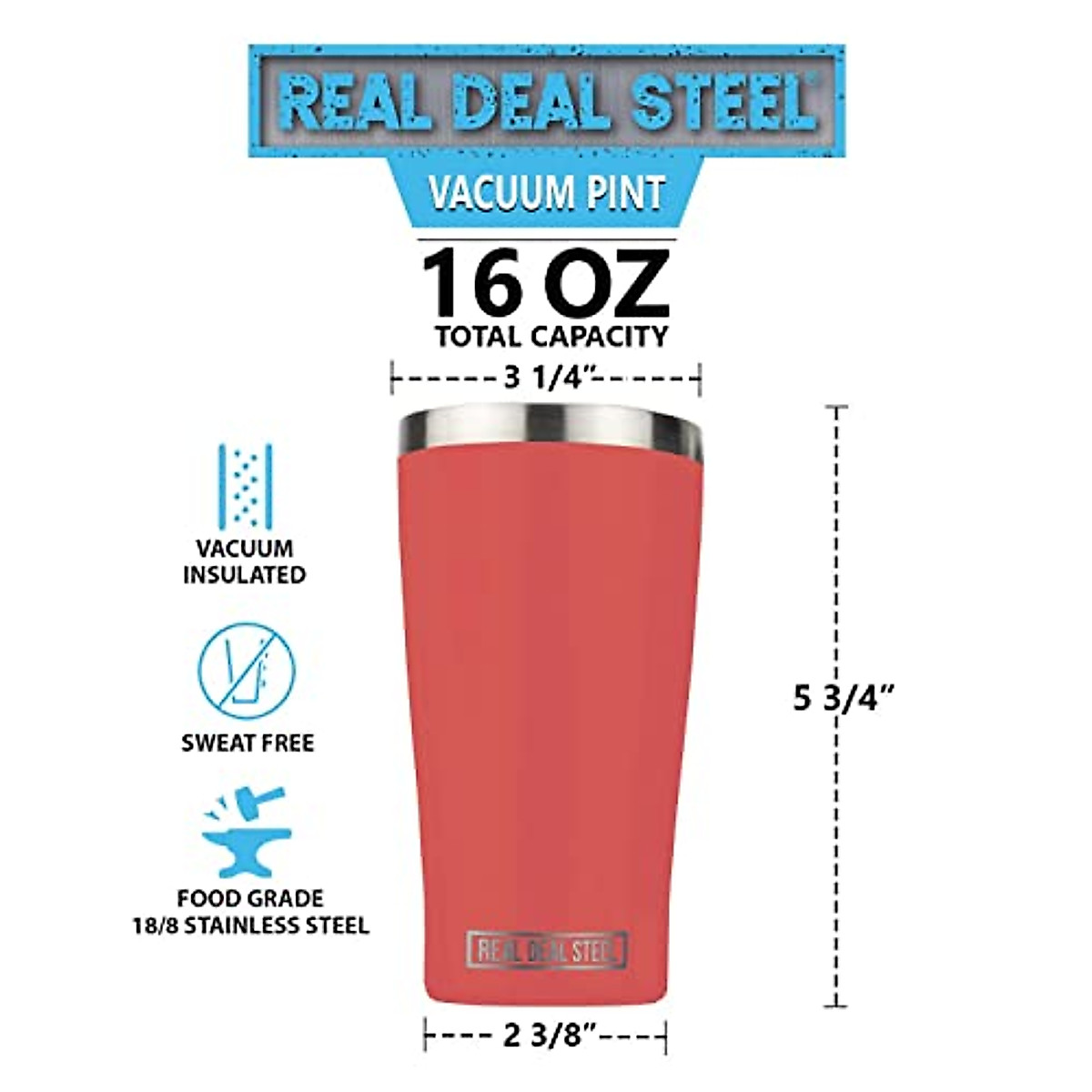 Real Deal Steel Pint Glasses - Stainless Steel Beer Tumblers - Set of 4 Insulated Cups for Outdoors