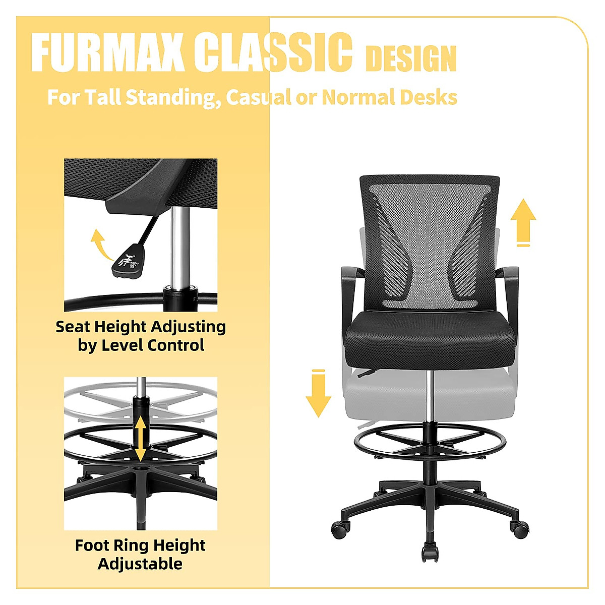 Furmax Drafting Chair Tall Office Chair with Ergonomic Back Drafting Table Chair Adjustable Standing Desk Chair with Footrest Ring and Arms