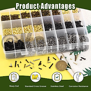 Keadic 2200 Pcs 4 Color Small Self Tapping Screws Assortment Kit, M2*5/6/8/10mm M2.6 * 12/16mm Self-Drilling Flat Cross Head Mini Wood Screw with Plastic Case (Black, Bronze, Silver, Gold)