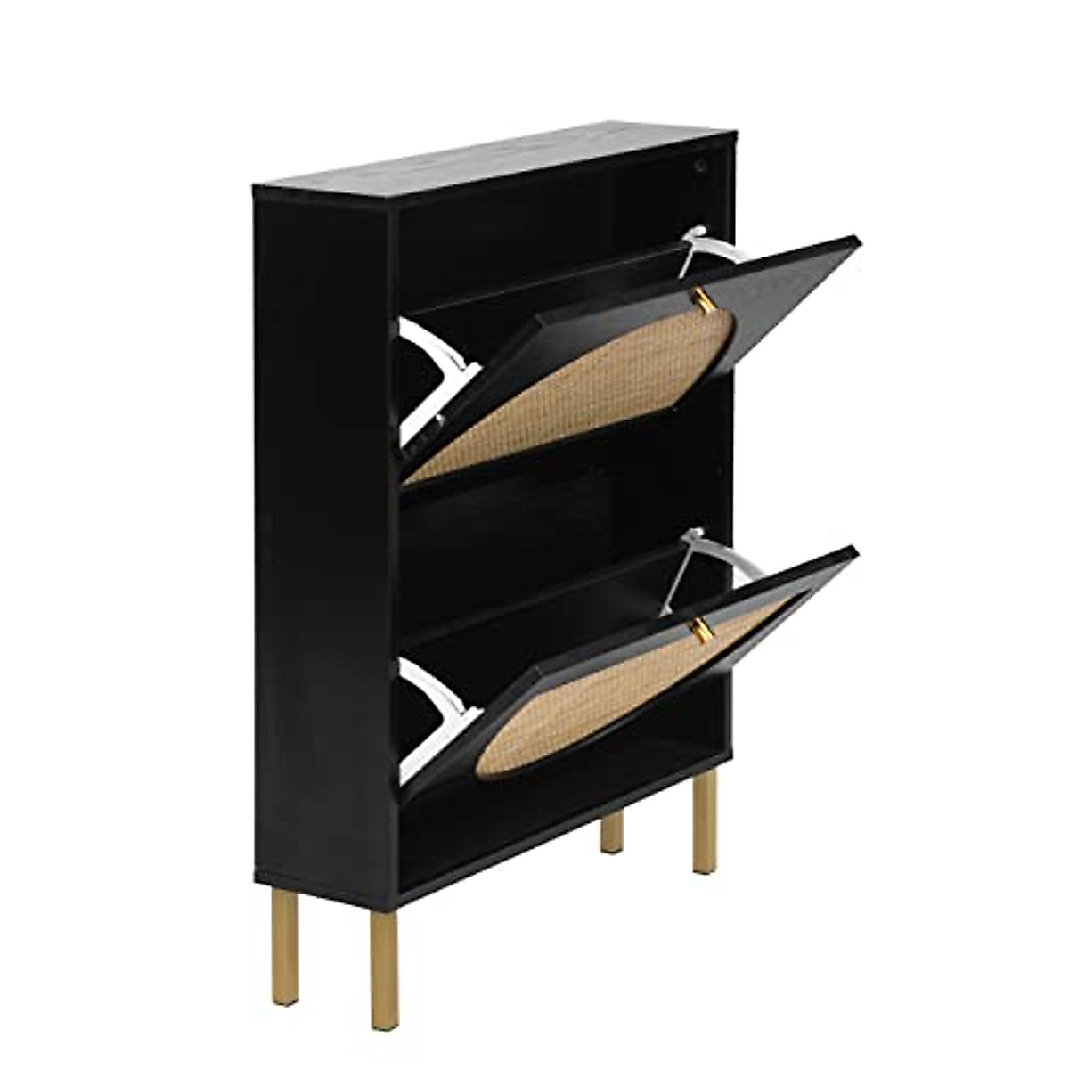 Natural Rattan Shoe Cabinet with 2 Flip Drawers, Black Free Standing Storage Racks with Metal Legs, Shoe Organizers Entrance Hallway for Heels, Boots, Slippers (Black)
