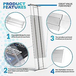 WJWSKI Drawer Dividers and Organizers 2 Set, 11-19" Expandable Dresser Drawers Dividers, 8cm Deep Drawer Separators for Clothing Storage, Adjustable Drawer Divider for Kitchen Utensils, Clear Plastic
