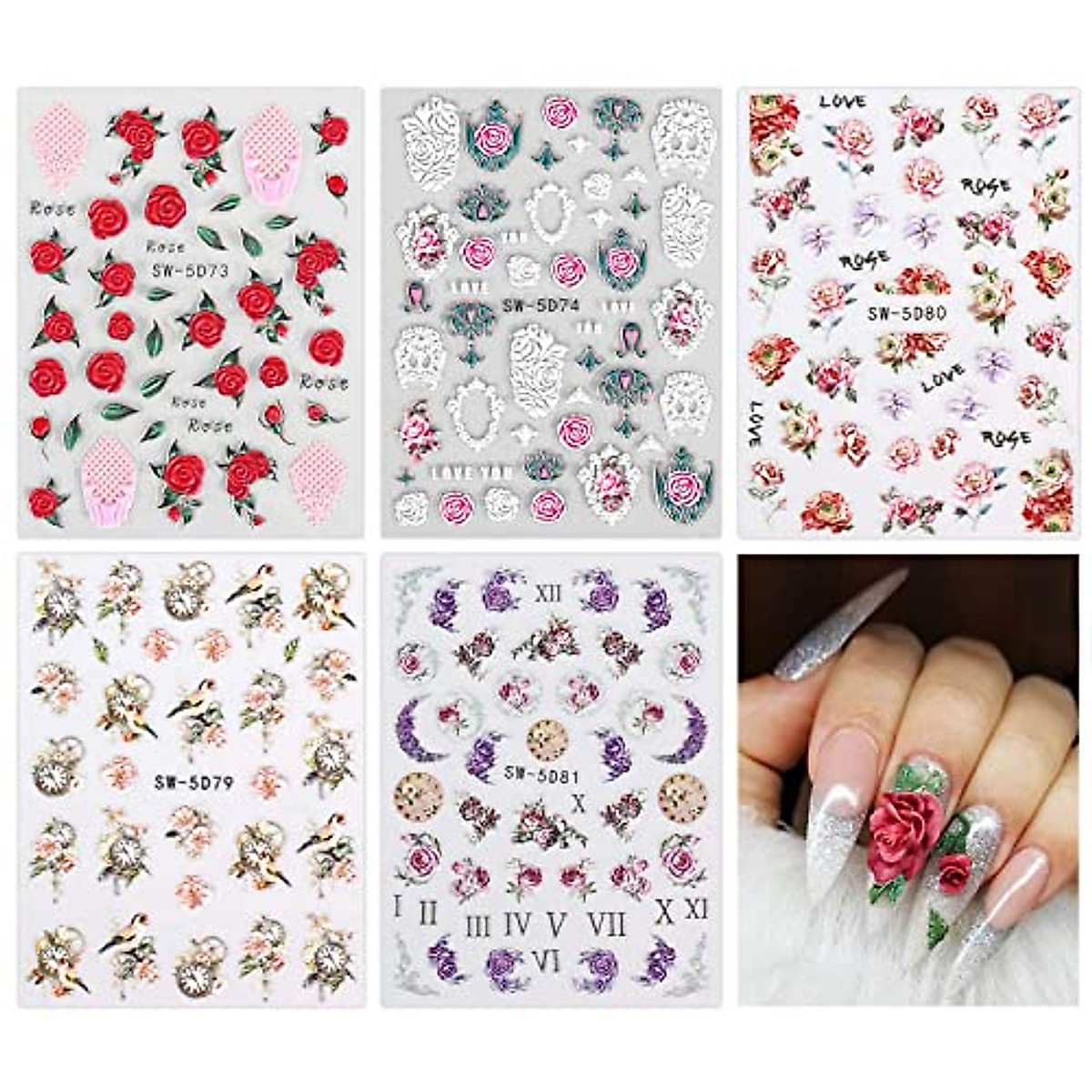 JMEOWIO 3D Spring Embossed Flower Nail Art Stickers Decals Self-Adhesive Pegatinas Uñas 5D Floral Nail Supplies Nail Art Design Decoration Accessories 5 Sheets