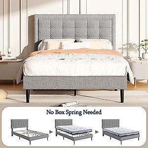 UNIZONE Full Size Bed Frame, Upholstered Platform Bed with Button Tufted Headboard, Wood Slats Support, Mattress Foundation, No Box Spring Needed, Easy Assembly, Light Grey