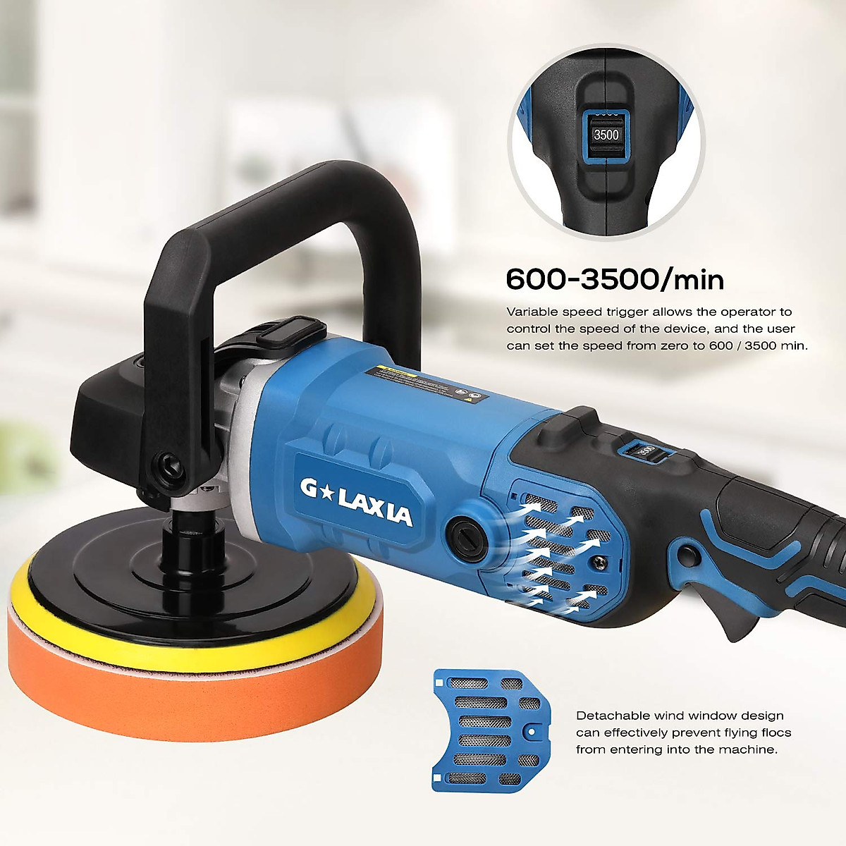 G LAXIA 7-inch Polisher, 10.8Amp Buffer Polisher with 6 Variable Speeds 600-3500RPM, Detachable Handle, 3 Pads for Car Polishing and Waxing