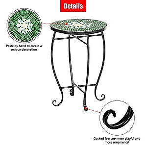Henf Mosaic Side Table Outdoor Patio Accent Table, 14" Round Coffee Table End Table Plant Stand Decor for Porch Balcony Deck Pool