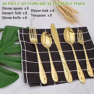 Gold Silverware Set for 8, 40-Piece Flatware Set Stainless Steel with Titanium Colorful Plated Cutlery Kitchen Utensil Flatware Set Service for 8, Knife/Fork/Spoon & Long Teaspoon/Salad Fork (Gold)