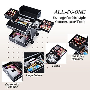 Adazzo Professional Rolling Makeup Case for Makeup Artists Multi-functional Cosmetic Train Case Large Storage Case for Nail Technicians Cosmetology Case with Compartments for Hairstylist
