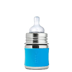 Pura Kiki 5oz/150ml Stainless Steel Anti-Colic Infant Bottle w/Silicone Natural Vent Nipple & Sleeve, Medical-Grade Silicone - Aqua