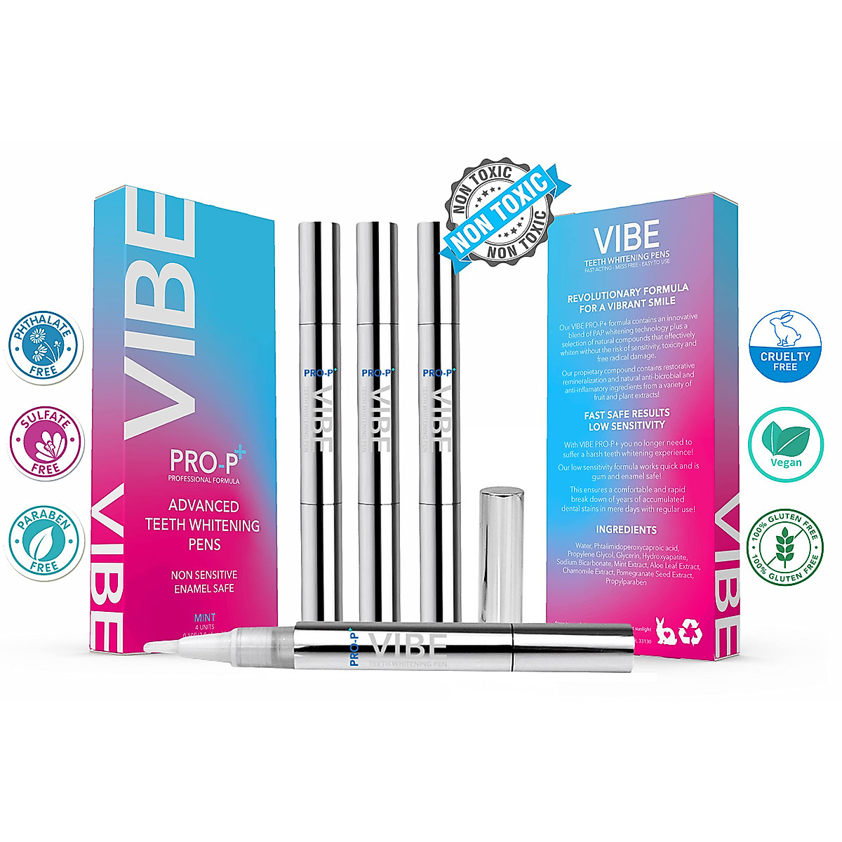 Vibe Teeth Whitening Pens, Healthy, Peroxide Free 4 Pack, Non-Toxic Fast Results, 3ml per pen, Vegan, Painless, teeth whitening kit for sensitive teeth, Travel Sized, Easy to Use, Organic Mint Flavor