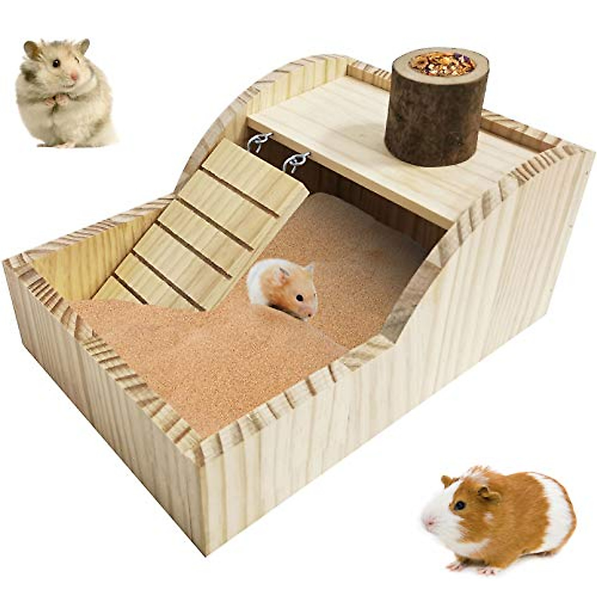 kathson Hamster Sand Bath Box Wooden Small Animals Shower Room Chinchilla Digging Sand Bathtub Container with Climbing Ladder Bowl for Dwarf Syrian Mice Mouse Gerbils Hedgehog