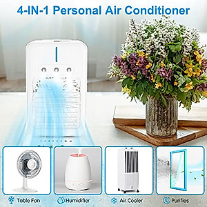 Portable Air Conditioner, 4 IN 1 Evaporative Air Cooler, Personal Mini Air Cooler with 3 Wind Speeds and 3 Cool Mist & 2-4H Timer, 90°Rotation Desktop Cooling Fan for for Home Room Camping Car Office