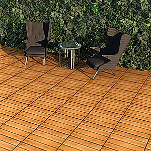 Wood Interlocking Flooring Tiles (Pack of 10, 12" x 12"), Solid Wood Acacia Deck Tiles Interlocking, Patio Tiles Outdoor Interlocking Waterproof All Weather (4 Slat, Natural Color)