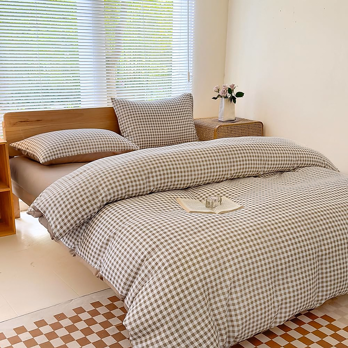 NSNLGSGC Queen Gingham Grid Duvet Cover Set Tan- Washed Microfiber Plaid Comforter Cover Set Brown Soft & Lightweight Breathable Clean Bedding Set(3PCS, Queen)