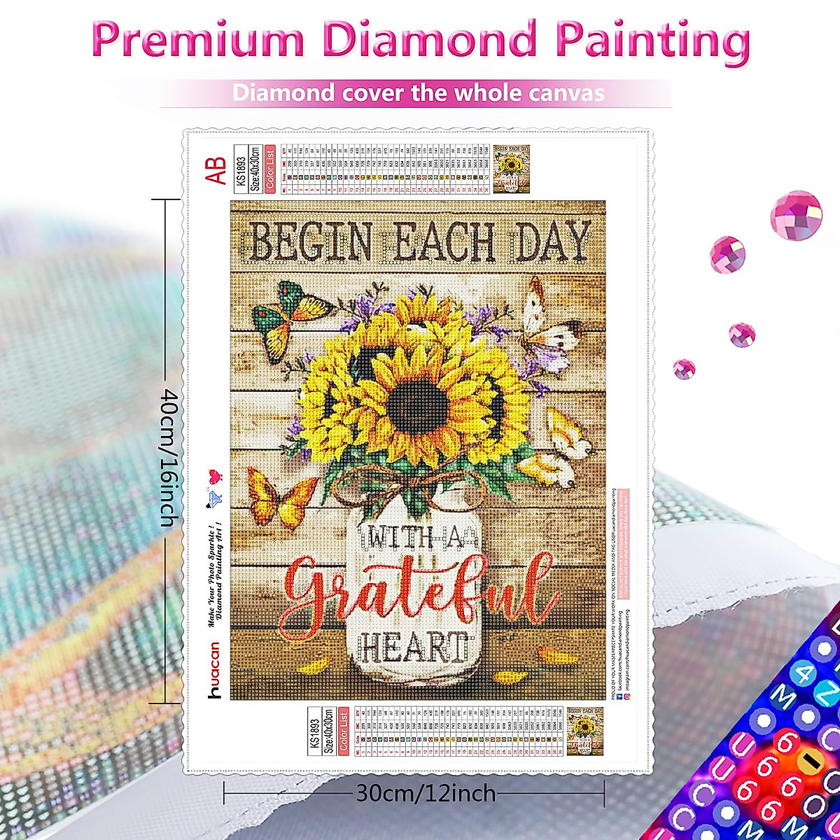 Huacan Sunflower Diamond Painting Kits for Adults Full Drill Diamond Painting Art Paint with Diamonds 5D DIY Round Gem Painting Kits for Beginner Wall Decor 11.8x15.7 inch