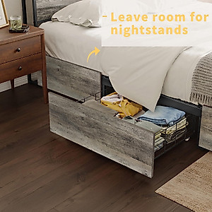 HAUSOURCE Queen Bed Frame with Storage Headboard and 4 Drawers LED Lights Metal Platform Non-Slip Without Noise Mattress Foundation Strong Metal Slats Support No Box Spring Needed,Greige