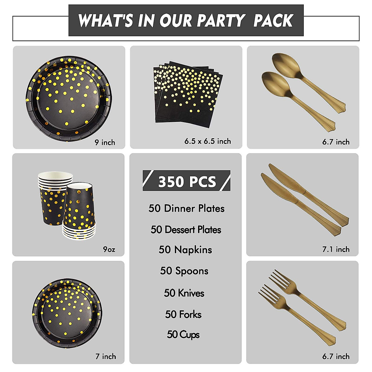 350PCS Black and Gold Party Supplies - Birthday Plates and Napkins Sets for 50, Includes Black Party Plates, Napkins, Cups for Retirement Adult Party Decorations，New Year Party Supplies 2024