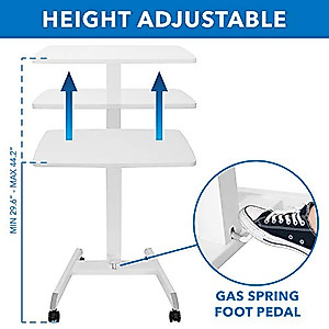 Mount-It! Adjustable Rolling Laptop Desk with Wheels [23.6" x 20.5"] Sit Stand Mobile Workstation Cart with Pneumatic Spring Lift for Height Adjustment, Rolling Computer Table, Foot Pedal (White)