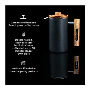 ChefWave Artisan Series Premium Quality French Press Coffee Maker Tea Brewer - Stainless Steel, Double Wall Thermal Insulated w/4 Filter Screens & Bamboo Wood Handle, 34 oz., For Home, Camping, Travel