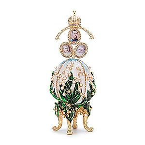 QIFU Vintage Lily of The Valley Faberge Egg Style Enameled Collectible Figurine Pearl and Rhinestone, Unique Gift for Home Decor
