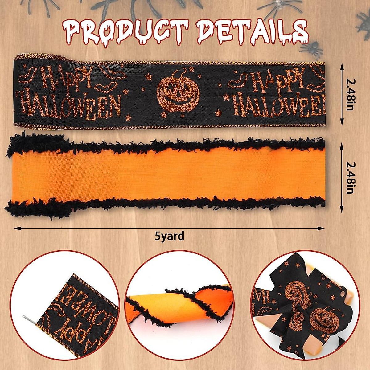 Threetols 2 Rolls 10 Yards Halloween Wired Edge Ribbon, 2.5inch Black Orange Glitter Pumpkin Burlap Ribbon, Orange Velvet Ribbon for Halloween Party DIY Craft Home Wreaths Bow Decor