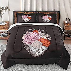 Pinbeam Comforter Set Queen Size, Anatomy Vintage Floral Flower Soft Bedding Set for Kids and Adults, Love Halloween Gothic Comforter Set with 2 Pillowcases for Bedroom Bed Decor