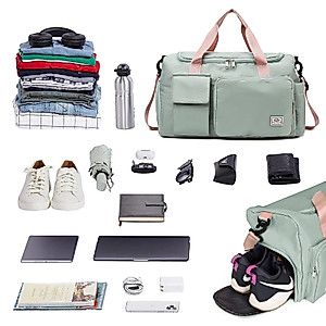 Travel Duffel Tote Bag with Dry Wet Separation Pocket, Weekender Bag for Women and Men，Waterproof Bag with Shoe Compartment Lightweight and Easy Carry on Green