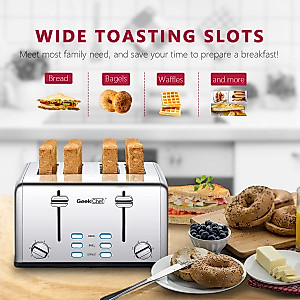 Toaster 4 Slice, Geek Chef Stainless Steel Toaster with Extra Wide Slots, 4 Slot Toaster with Bagel/Defrost/Cancel Function, Dual Control Panel of 6 Toasting Bread Shade Settings, Removable Crumb Trays, High Lift Lever, ETL