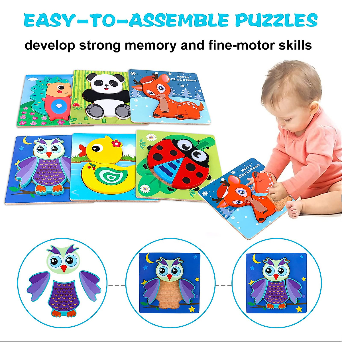 GINMIC Wooden Puzzles for Toddlers, Boys & Girls Educational Preschool Toys Gift with 6 Animals Patterns, Puzzles for 3 Year olds.