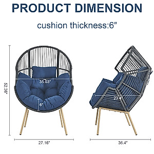 Egg Chair Outdoor Basket Chairs - Wicker Patio Cuddle Chair with Cushions Rattan Tear Drop Egg Chair for Indoor Bedroom Outside Porch Deck Backyard Garden(Grey/Blue)