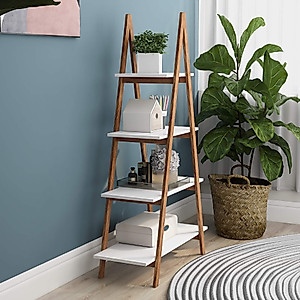 Knocbel 4-Tier Bamboo Ladder Shelf Storage Shelves Display Rack, Bookcase Plant Flower Pots Stand, 22 Lbs Capacity of Each Tier, 31.49" L x 11.73" W x 53.54" H (White and Brown)