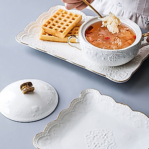 Zerodeko Soup Bowls French Onion Soup Bowls Ceramic Dessert Bowl with Double Handle, Porcelain Soup Bowl with Lid and Spoon for Fruit Salad Soup Cereal (White) Soup Bowls White Onion