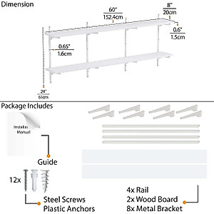 Wallniture Turin 60 inch x8 in Floating Shelves for Wall Decor, Floating Shelf System, Wall Book Shelf for Living Room, Wall Shelves with Adjustable Standard Rail Bracket System, White, Wood