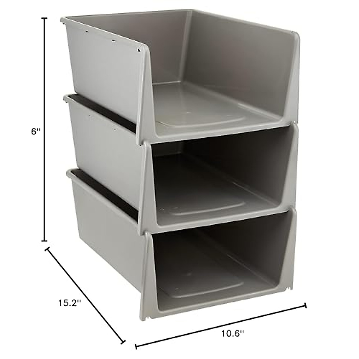 Organize Your Home Stackable Storage Containers with Open Front, 3 Pack, Great Organizing Bins for Pantry, Closet, Bedroom, and all Storage, Grey, 15.2” x 10.6” x 6.0”