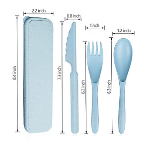 YDYTOP Reusable Travel Utensils Set with Case, Blue Wheat Straw Portable Knife Fork Spoons Tableware, Eco-Friendly BPA Free Cutlery for Kids and Adults as Travel Picnic Camping Utensils