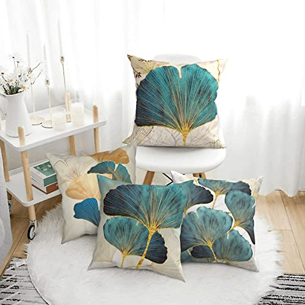 LOHDALOLF Teal and Gold Pillow Covers Set of 4 Turquoise Leaf Floral Pillow Cases Modern Simple Style Decorative Cushion Covers for Sofa Couch 18x18 Inch