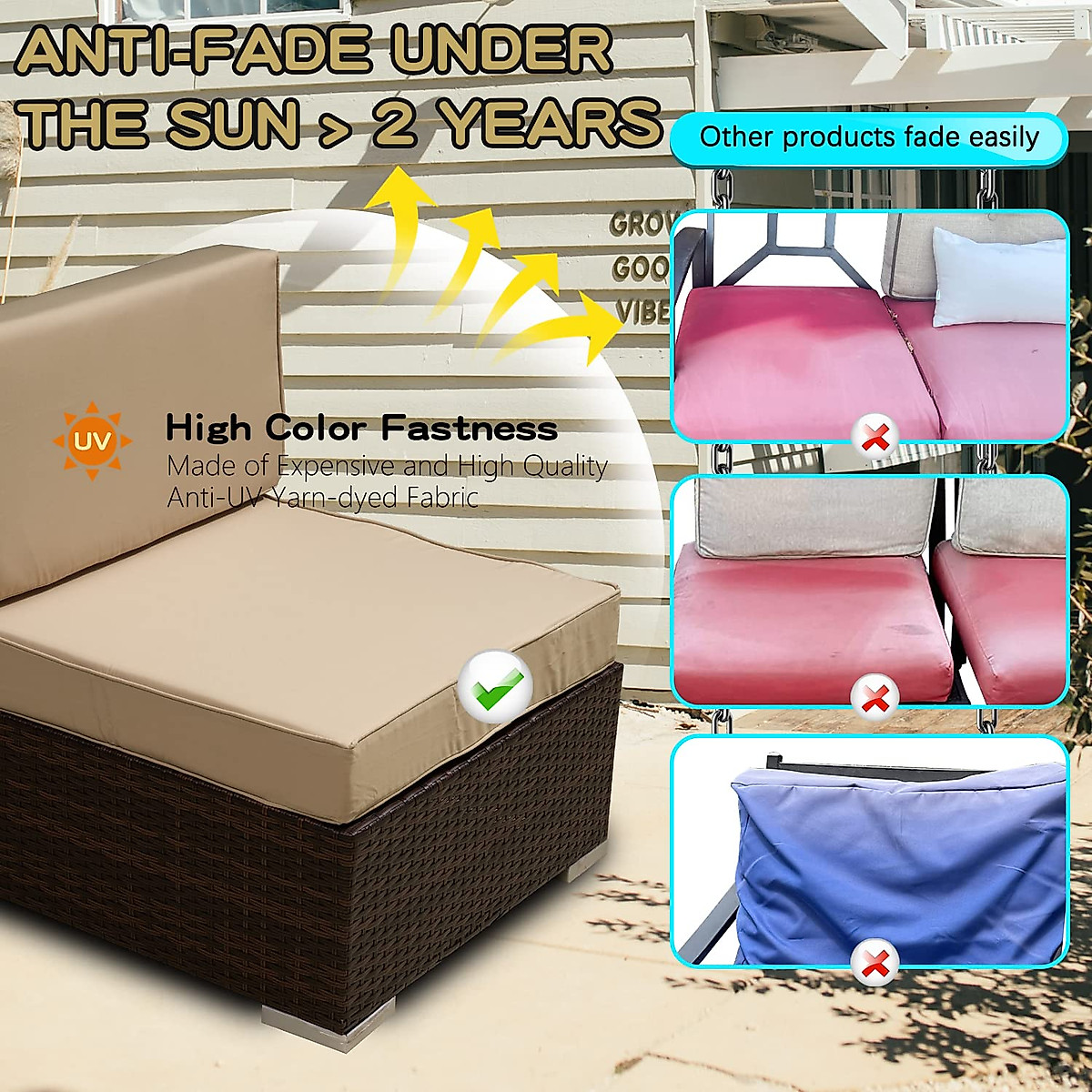 ClawsCover 14Pack Outdoor Seat Cushions Back Pillow Replacement Covers Fit for 5 Pieces 7-Seater Wicker Rattan Patio Conversation Set Sectional Couch Chairs Furniture,Khaki-Cover Only