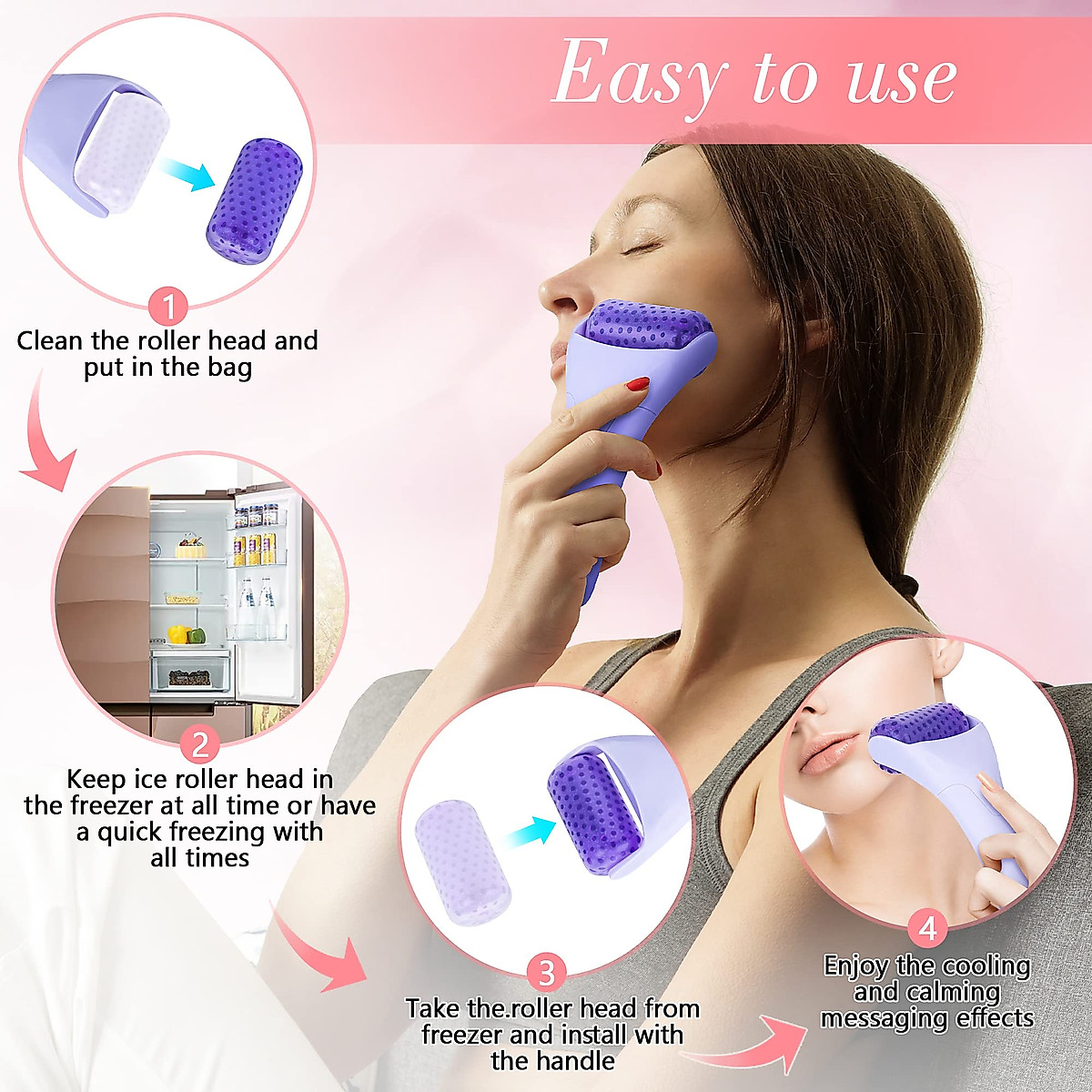 Ice Roller for Face and Eyes (2 premium roller heads included)- Face Ice Roller Massager to Reduce Puffiness around eyes and face, Migraine Pain, Wrinkles. Women's Gift idea. (Purple)