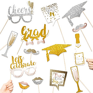 Cheerland Champagne Theme Photo Props for Silver and Gold Grad Party Photo Booth Eye Glasses, Wine Bottle, Mustache, Lips Party Decoration for Photo Background