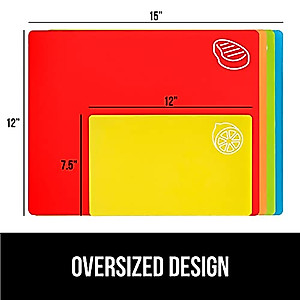 Gorilla Grip Cutting Boards for Kitchen, Set of 5 Durable Mats with Food Icons, Flexible Dishwasher Safe Plastic, Slip Resistant BPA Free Large Mat for Meat, Fish, Vegetables, Chopping Board, Multi