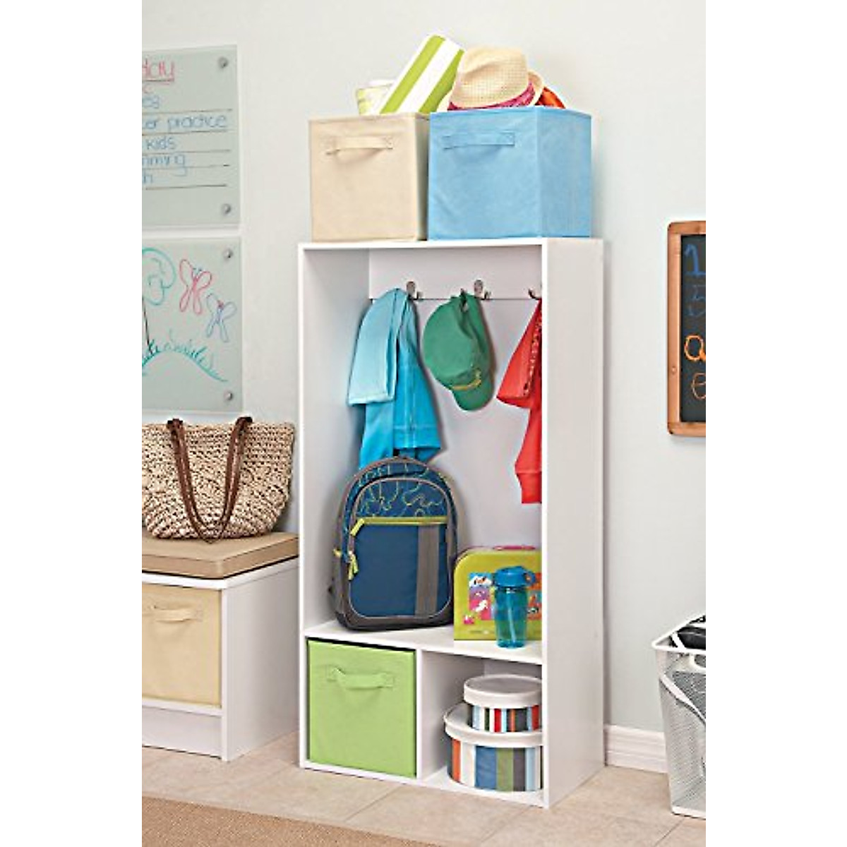 ClosetMaid KidSpace Wood Locker, 2 Cubby Cube Compartments Open Storage, 3 Hooks, for Coats, Backpacks, Jackets, White Finish, 47-Inch