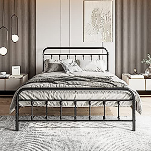 Elegant Home Products Vintage Queen Size Bed Frame with Headboard and Footboard Mattress Heavy Duty Metal Platform Bed Frame Steel Slat Support (Queen, Gray Silver)