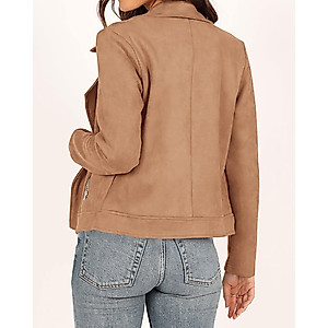 KIRUNDO Women's Trendy Stand Collar Faux Suede Jackets 2024 Fashion Solid Slim Moto Zipper Jacket Coats(Camel, Small)