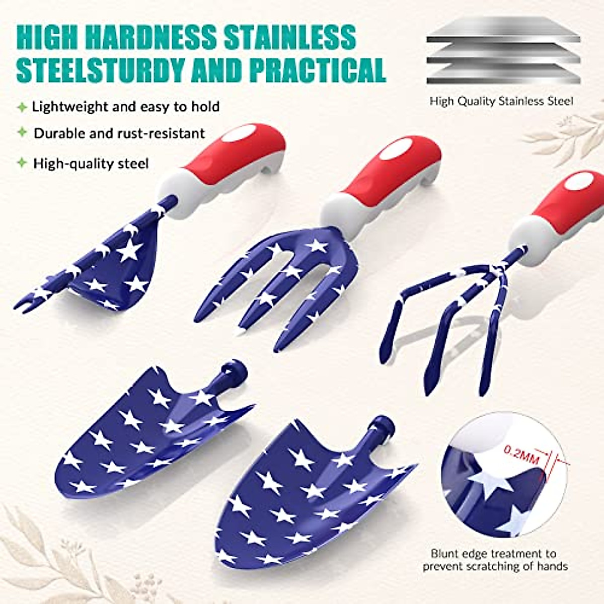 Wosnows Garden Tool Set, National Flag Style Stainless Steel Heavy Duty Gardening Tool Set, with Non-Slip Rubber Gloves, Durable Gardening Hand Tools Bag, Great Garden Tool Kit Gifts for Women and Men