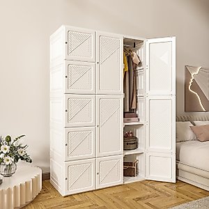 ANTBOX Portable Wardrobe Closet Storage Organizer for Clothes,Folding Plastic Wardrobe with Magnetic Door and Easy Assembly 11 Doors-8 Cubes-2 Hanging Rod.