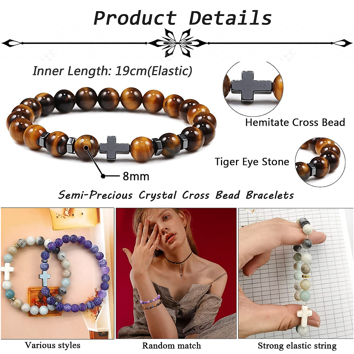 Jewdreamer 12Pcs 8MM Cross Beads Bracelet for Men Women Lava Rock Gemstone Bracelet Tiger Eye Stone Howlite Crystal Stretch Bracelet Set