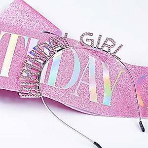 JunyRuny Birthday Girl Glitter Sash & Tiara Set, Pink Birthday Sash and Rhinestone Crown for Women, Sweet Princess Birthday Party Decorations Headband Birthday Gifts for Her, Happy Birthday Decor