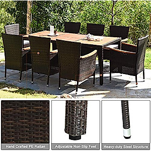 HAPPYGRILL 9 Pieces Patio Dining Set Outdoor Rattan Wicker Dining Set with Cushions, Garden Dining Table Chairs Set with Acacia Wood Table Top & Armrest