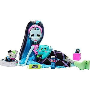 Monster High Doll, Frankie Stein Creepover Party Set with Pet Dog Watzie, Sleepover Clothes and Accessories