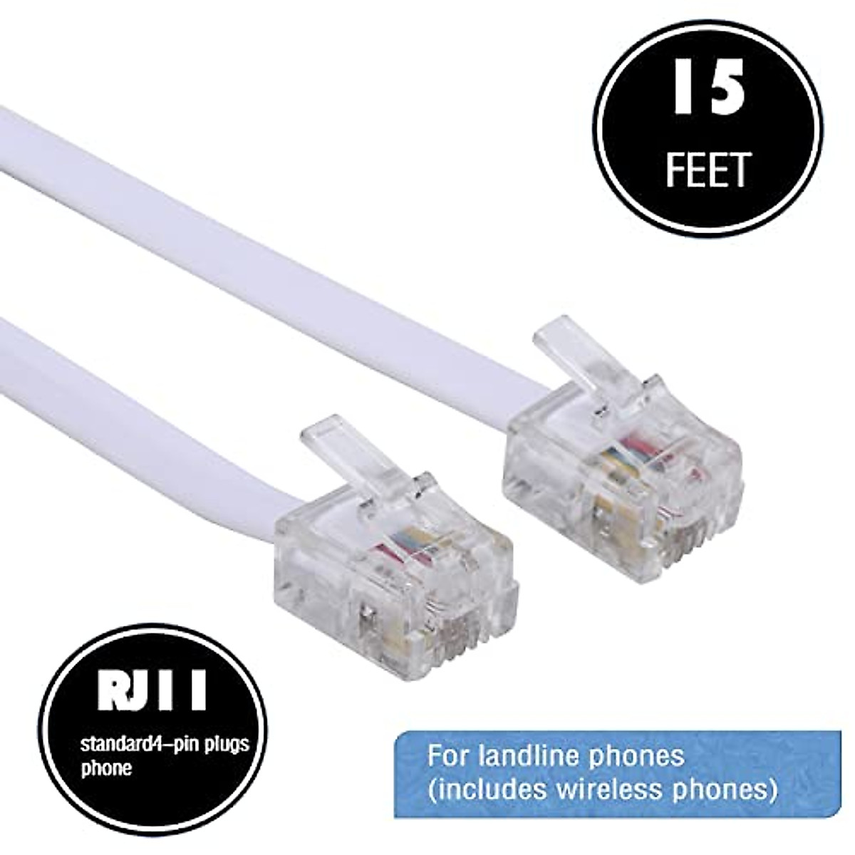 LanSenSu 15-Feet Telephone landline Extension Cord Cable Cord with Standard RJ-11 6P4C Plug (White 15-ft, 2Pack)